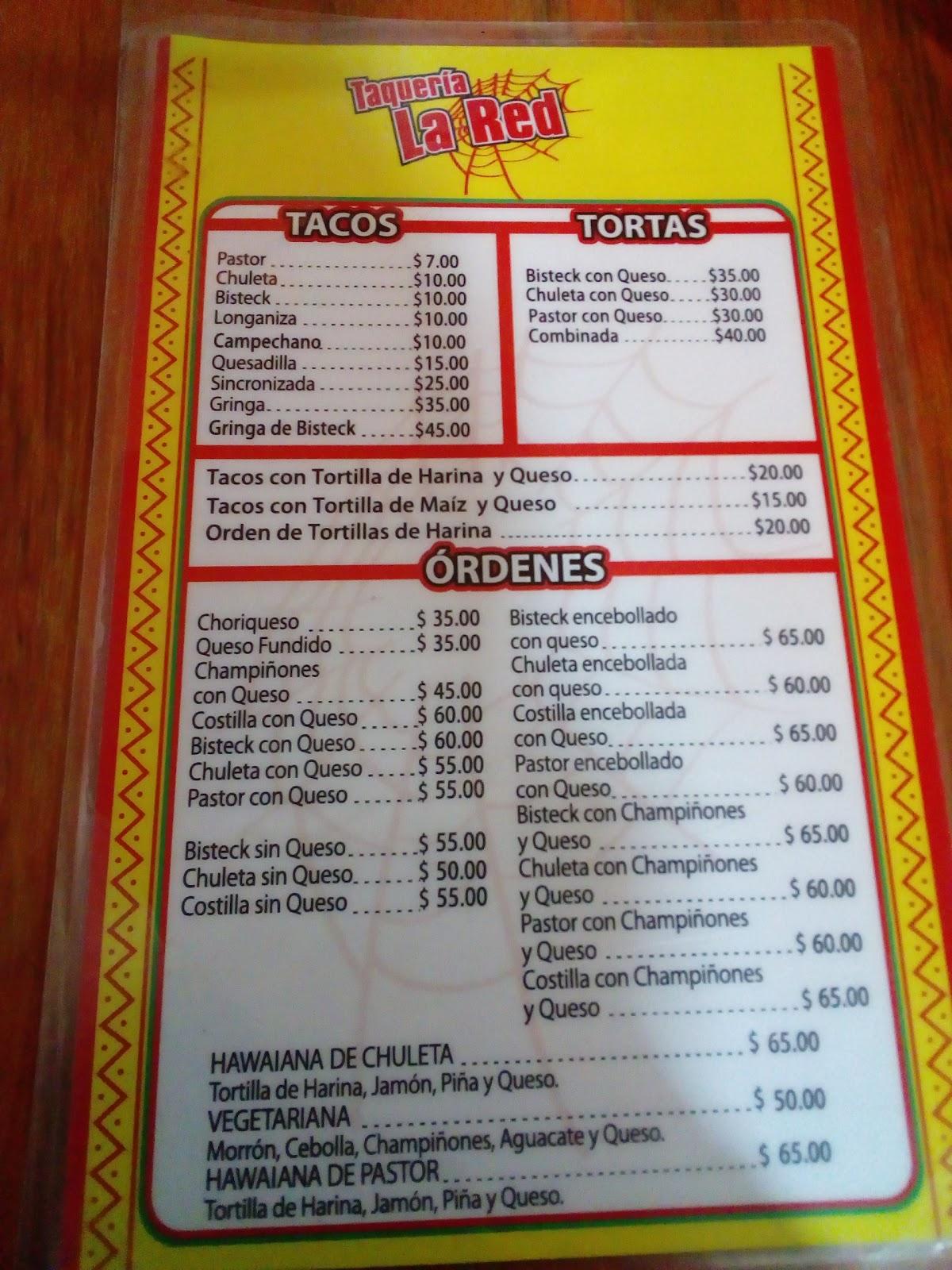 Menu at Taqueria La Red restaurant, Mexico City, Av Tezozomoc 254