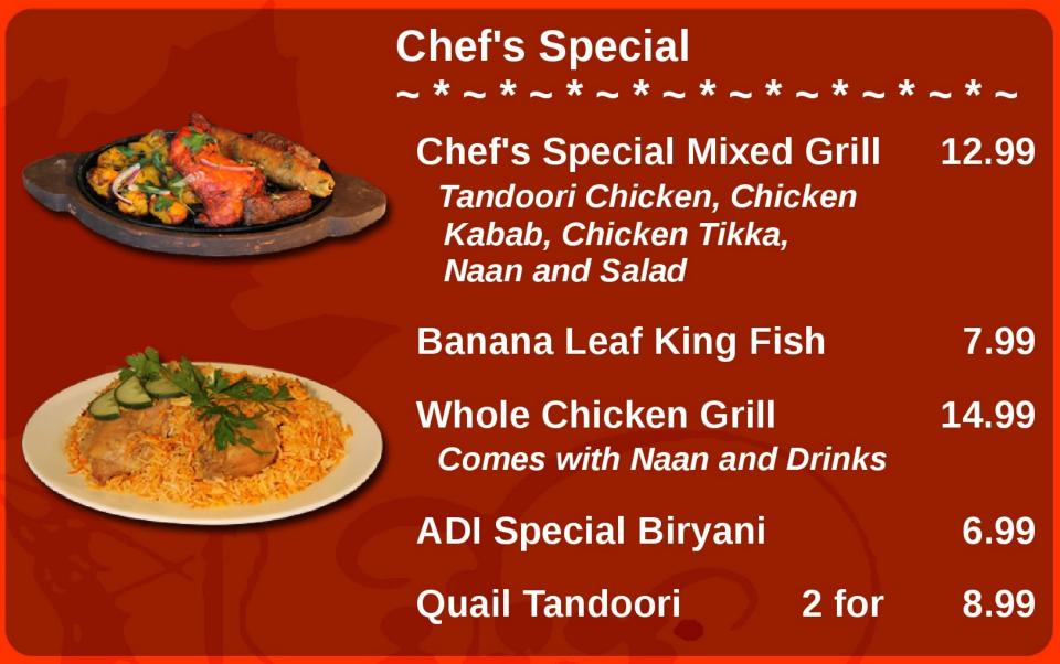 Menu at Adi-Biryani & Kabab House restaurant, Toronto