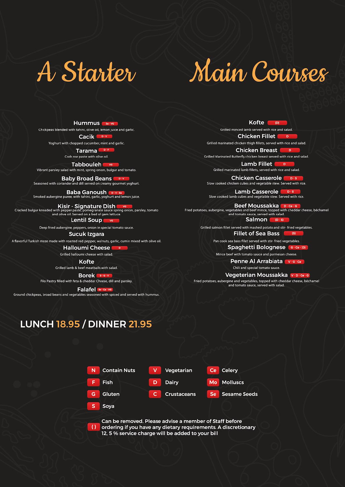 Menu at Anilo’s Kitchen restaurant, London