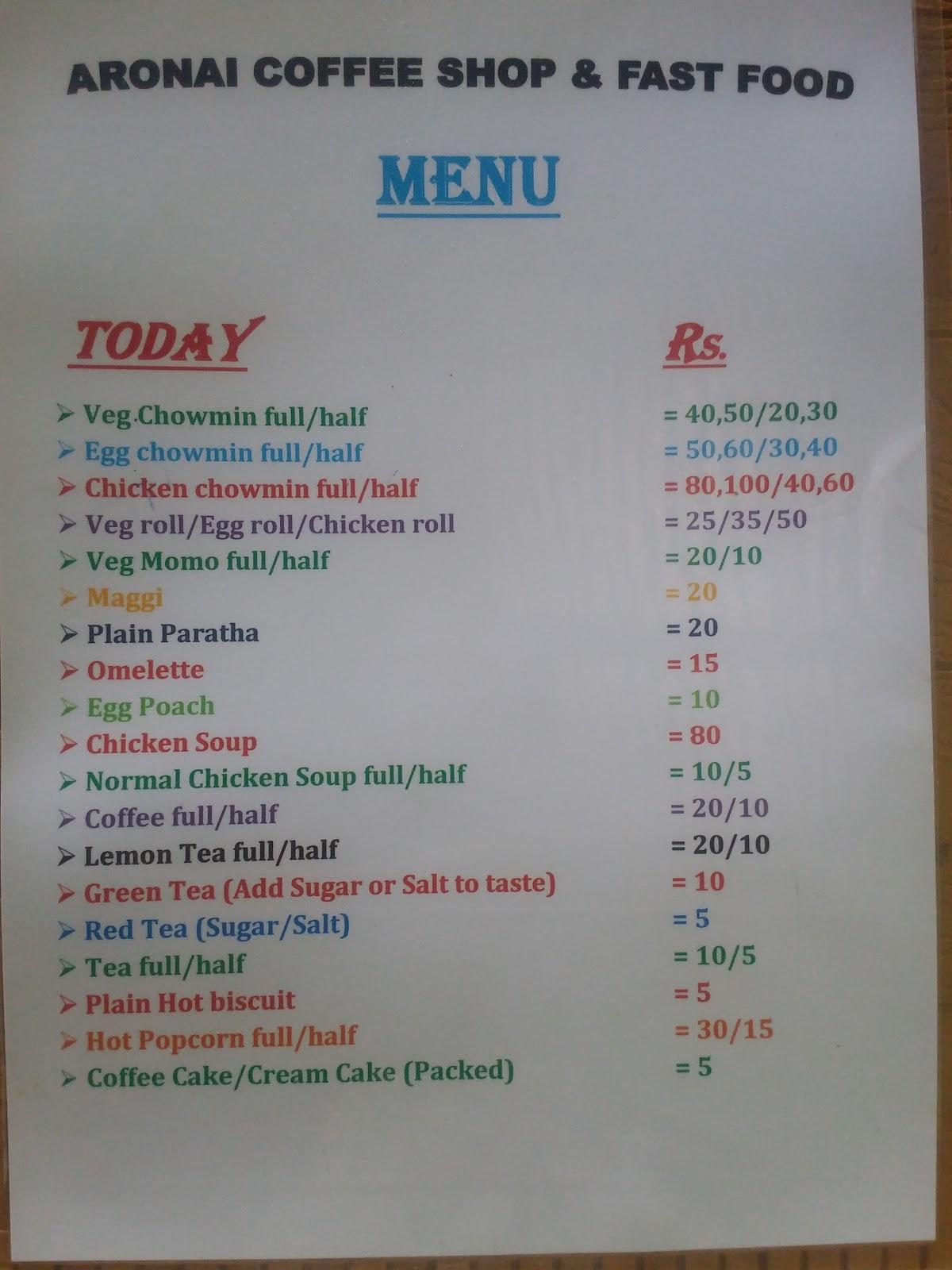 Menu at Aronai Coffee Shop & Fast Food, India