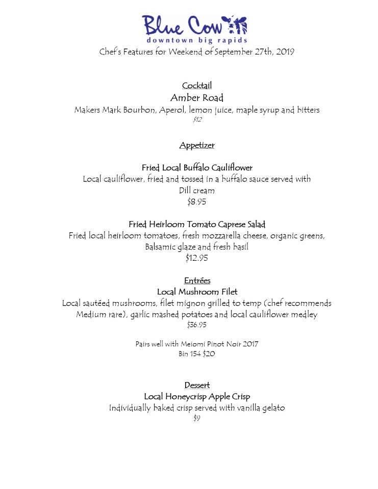 Menu at Blue Cow pub & bar, Big Rapids