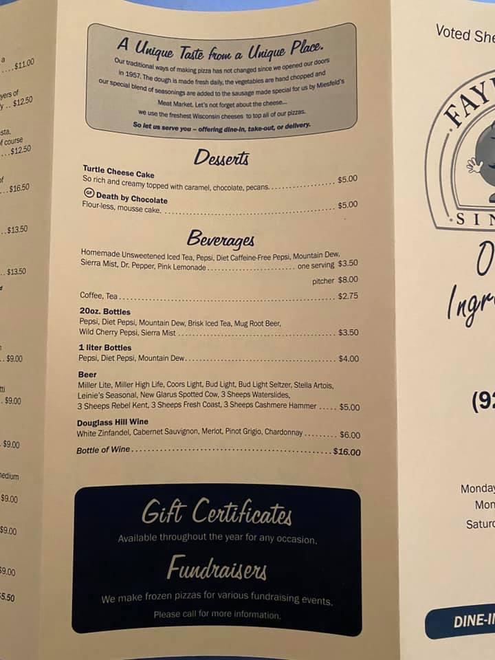 Menu at Faye's Pizza pizzeria, Sheboygan