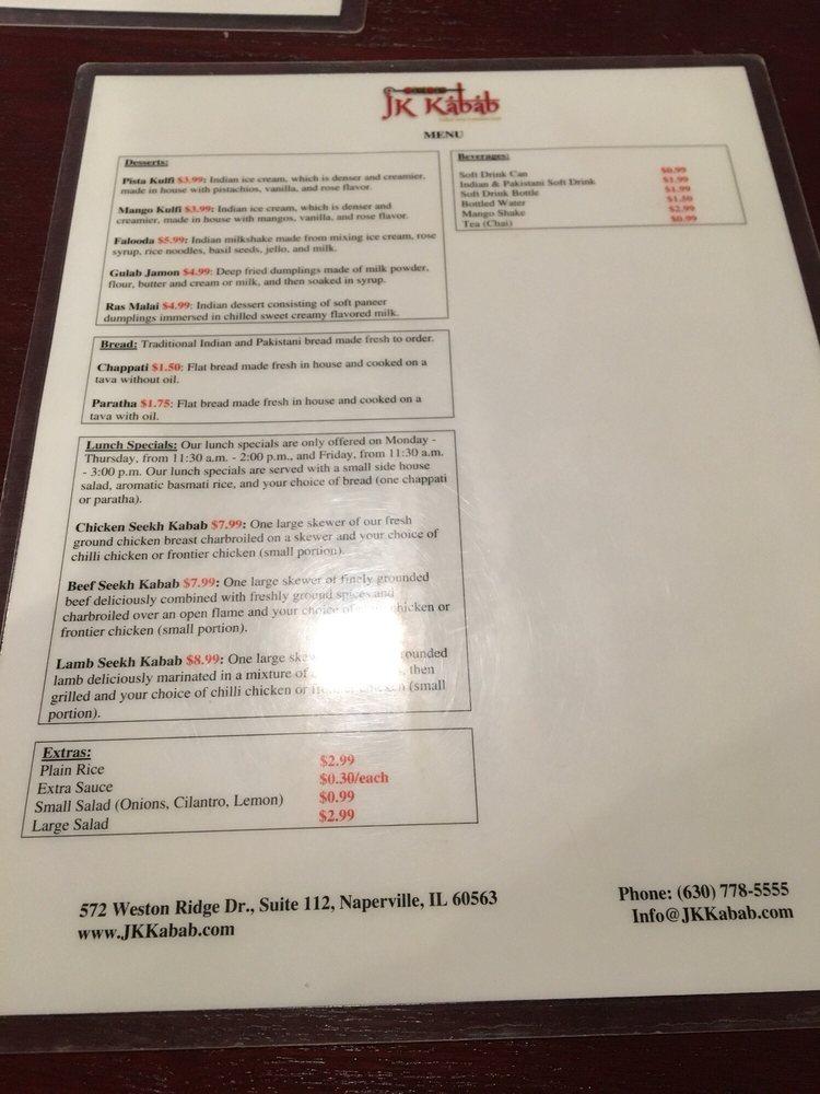 Menu at JK Kabab restaurant, Naperville