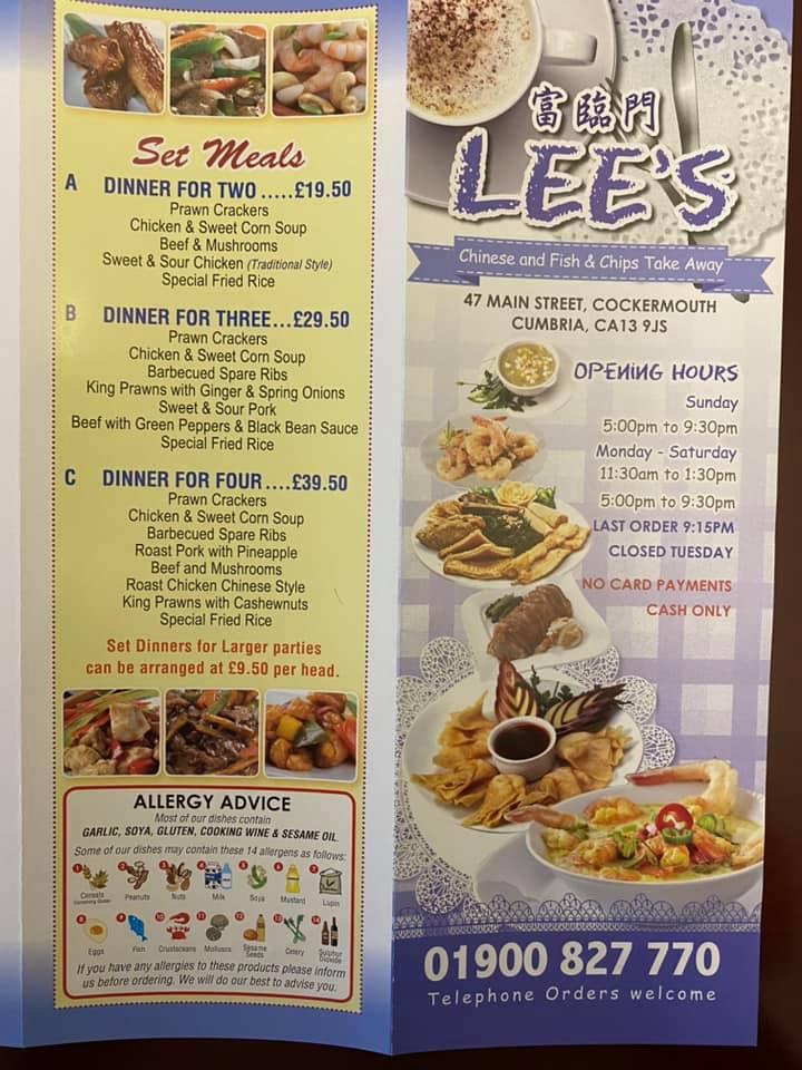 Menu at Lee's Fish & Chips and Chinese Take Away fast food, Cockermouth