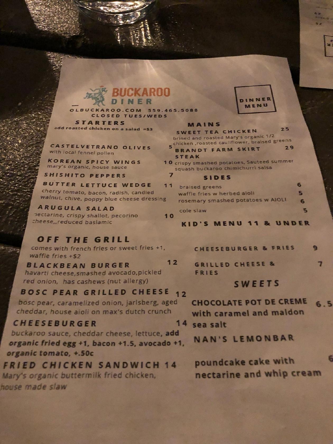 Menu at Ol Buckaroo restaurant, Three Rivers