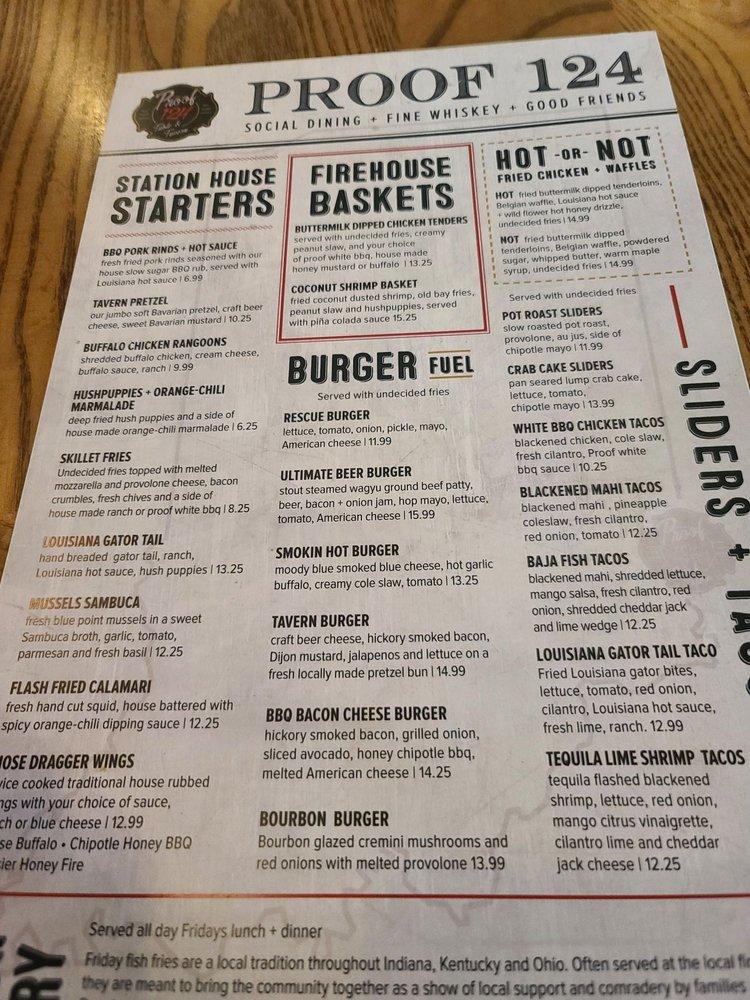 Menu at Proof 124 Table and Tavern pub & bar, Lawrenceburg