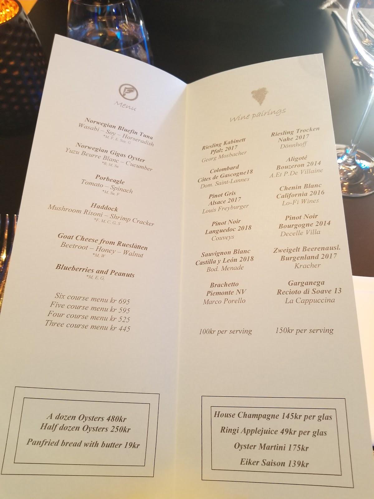 Menu at Restaurant Fjord, Oslo, Kristian Augusts gate 11