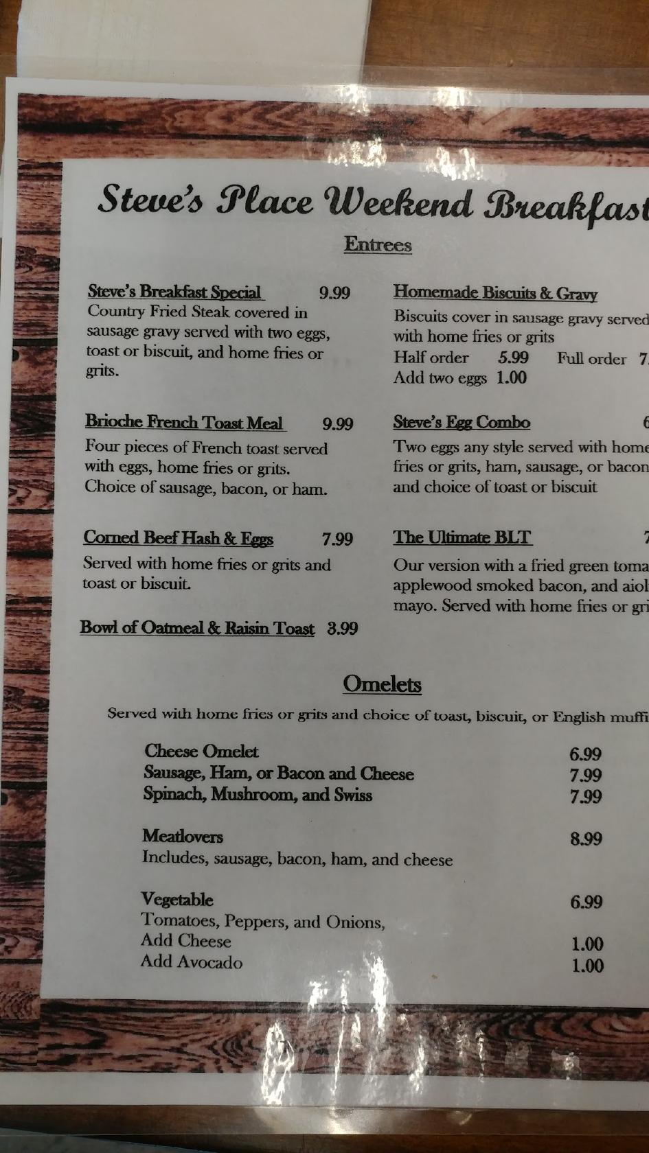Menu at Steve's Place restaurant, North Fort Myers
