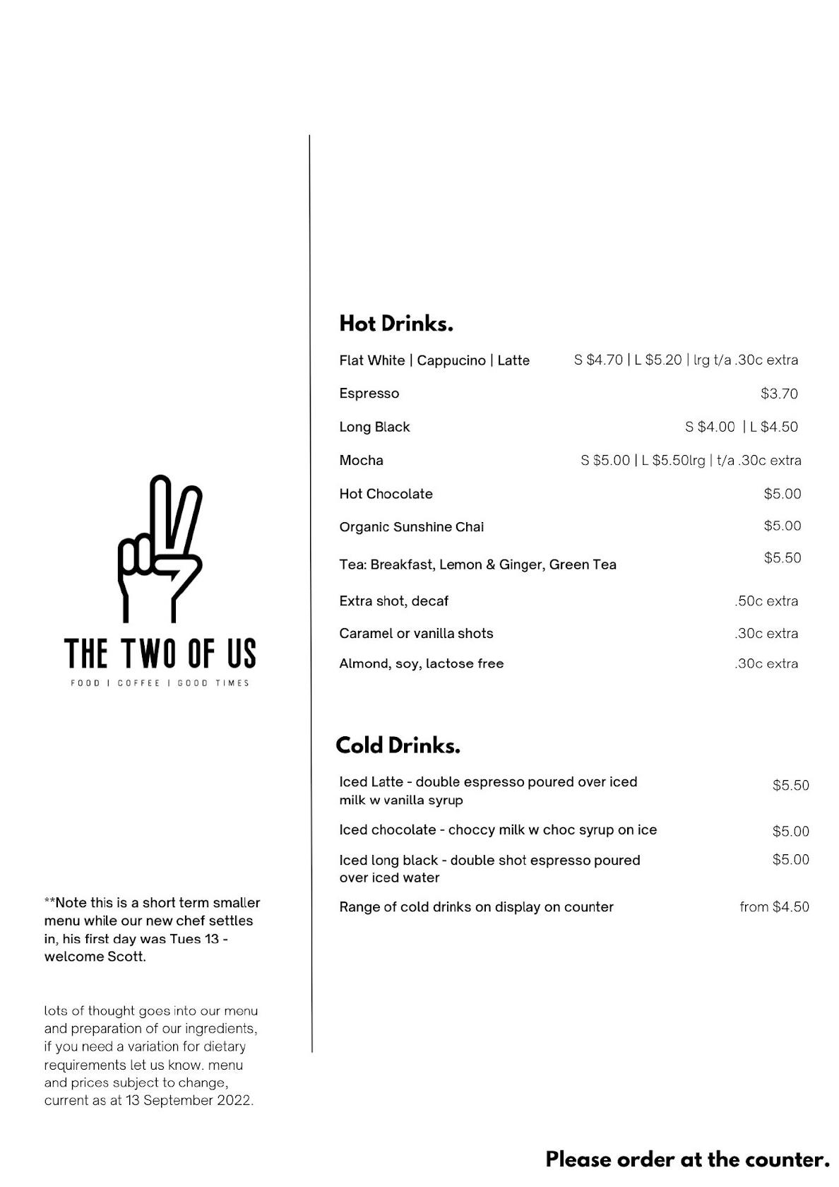 Menu at The Two Of Us Cafe Gympie, Gympie