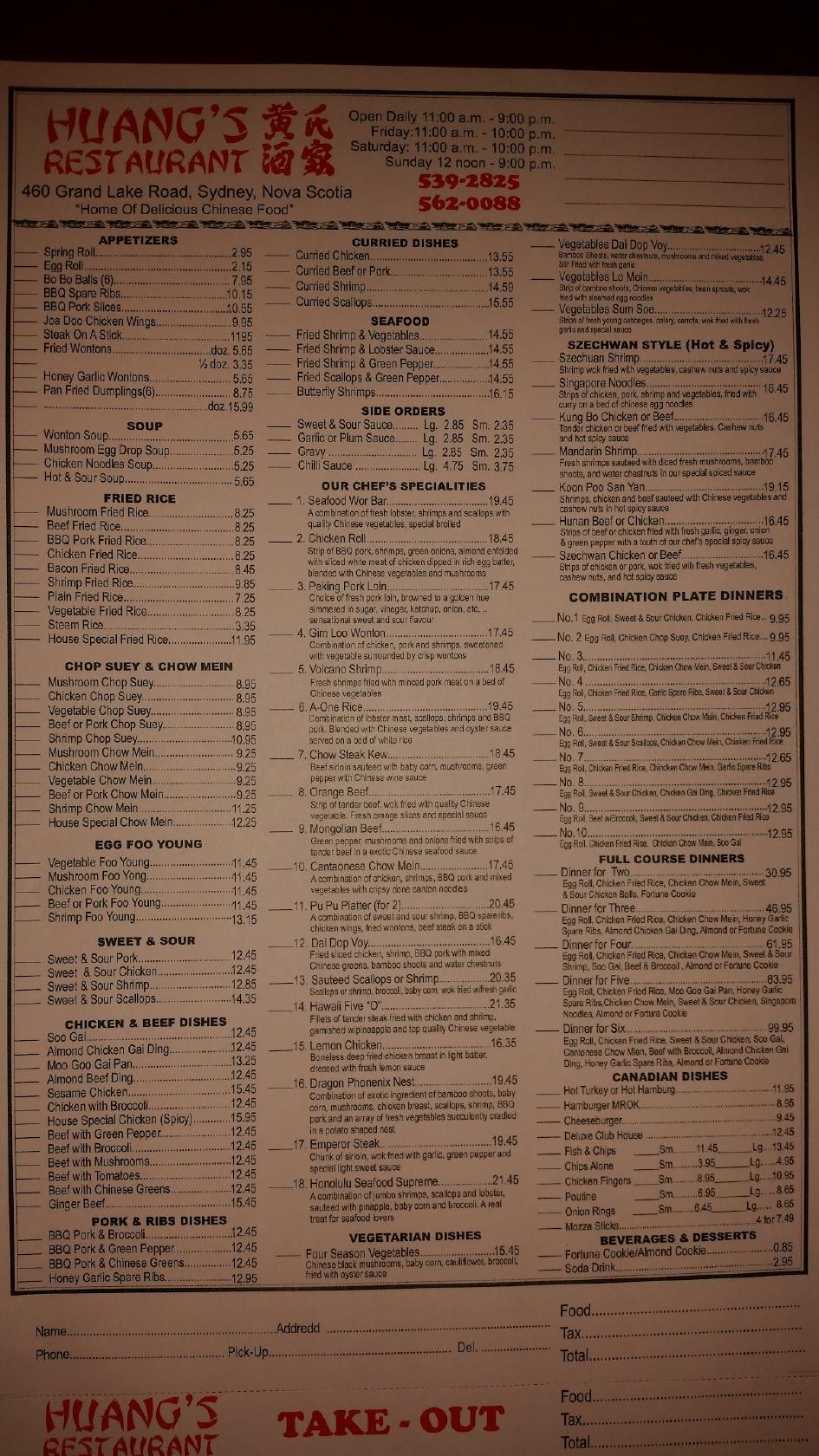 Menu at Huang's Restaurant, Sydney