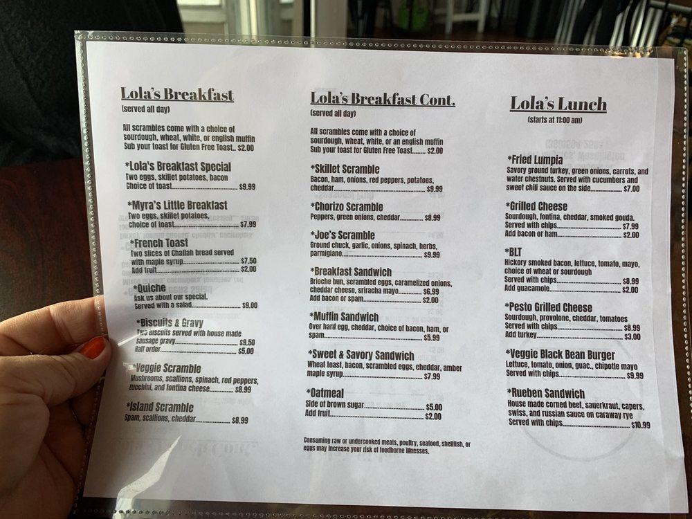 Menu at Lola's Cafe, Port Angeles