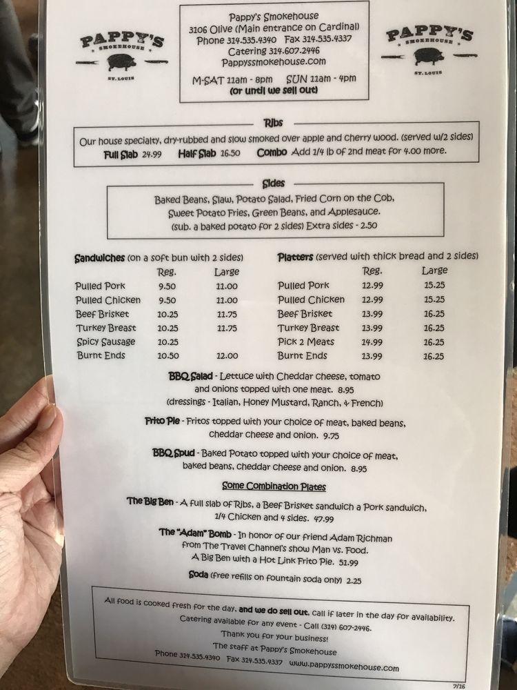 Menu at Pappy's Smokehouse BBQ, St. Louis