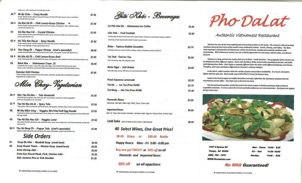 Menu at Pho DaLat restaurant, Tempe