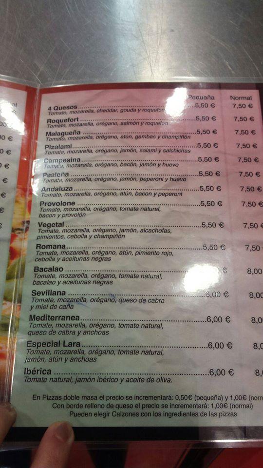 Carta de Pizzería Lara (Peal de Becerro), Peal de Becerro