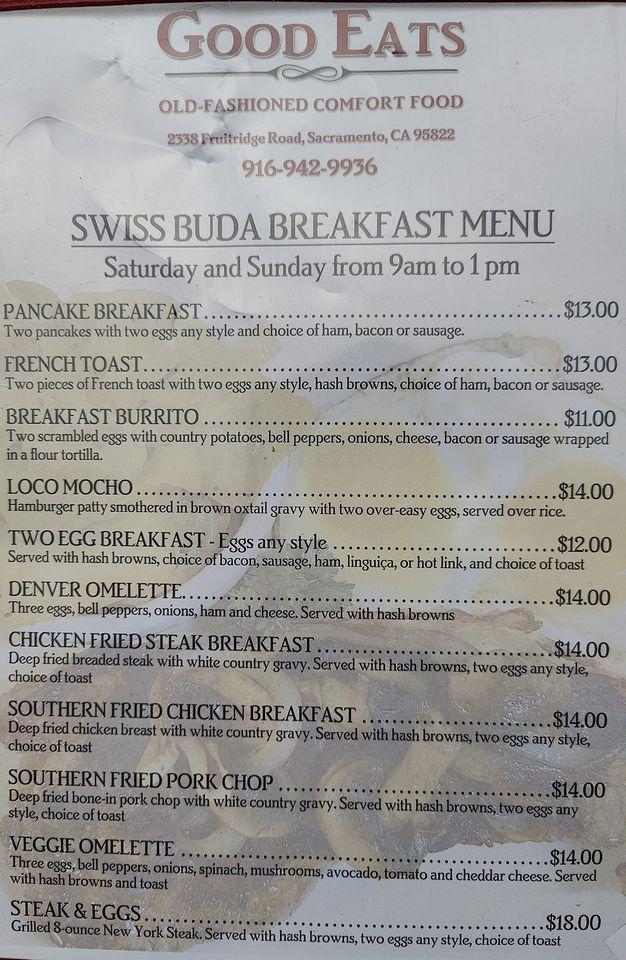 Menu at Swiss Buda pub & bar, Sacramento