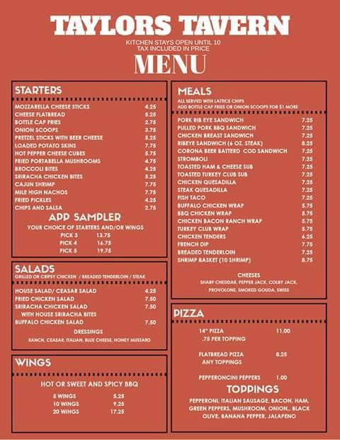 Menu at Taylor's Tavern pub & bar, Owensboro