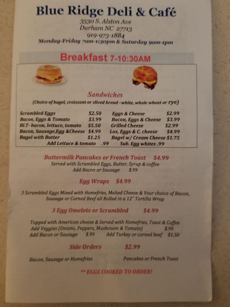 Menu at Blue Ridge Deli & Cafe, Durham