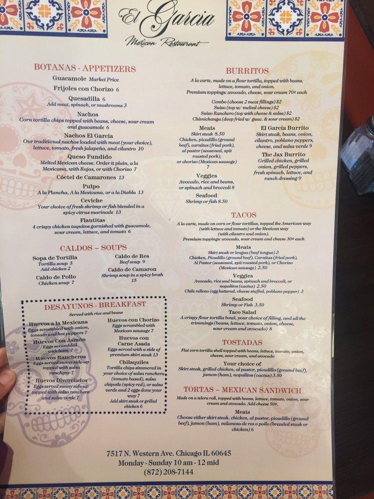 Menu at El Garcia Restaurant, Chicago, N Western Ave