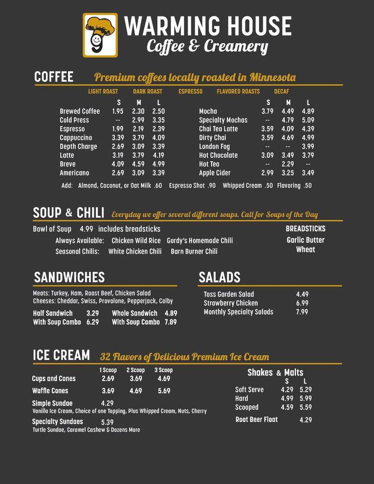 Menu at Gordy's Warming House cafe, Cloquet