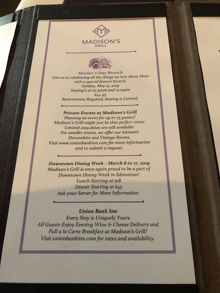 Menu at Madison's Grill restaurant, Edmonton