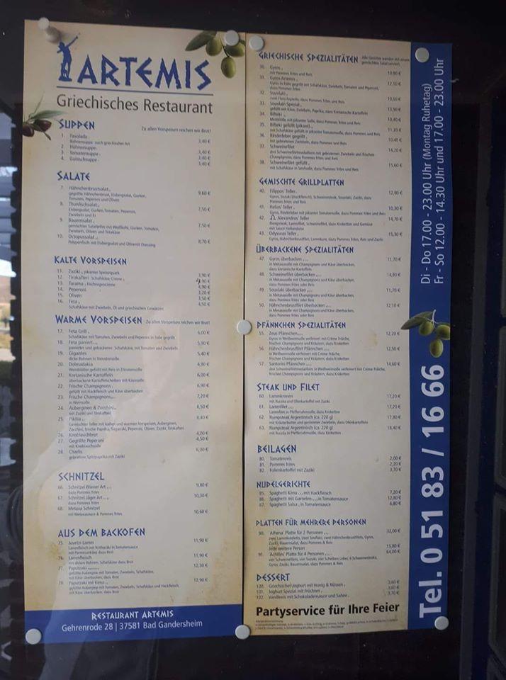 Speisekarte von Restaurant Artemis, Bad Gandersheim, Gehrenrode 28