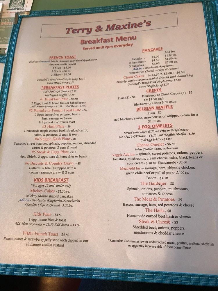 Menu at Terry & Maxine's desserts, Turner