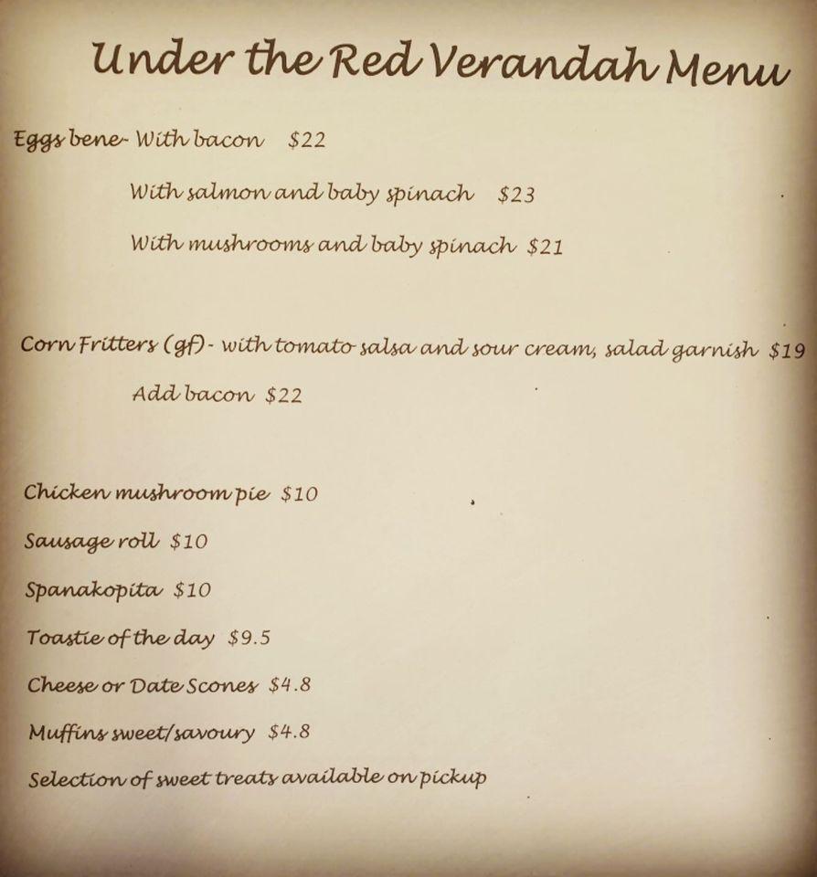 Menu at Under The Red Verandah cafe, Christchurch