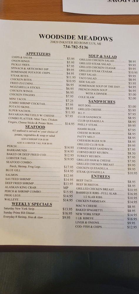 Menu at Woodside Meadows restaurant, Romulus, Inkster Rd