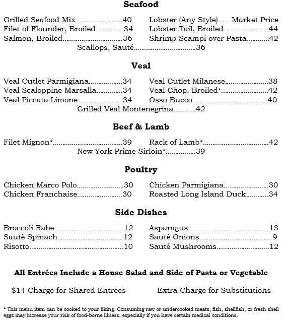 Menu at Casa Basso restaurant, Westhampton
