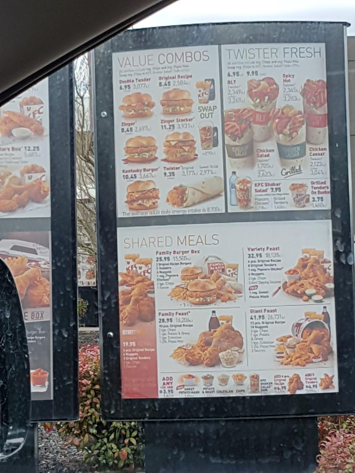 Menu at KFC fast food, Fawkner