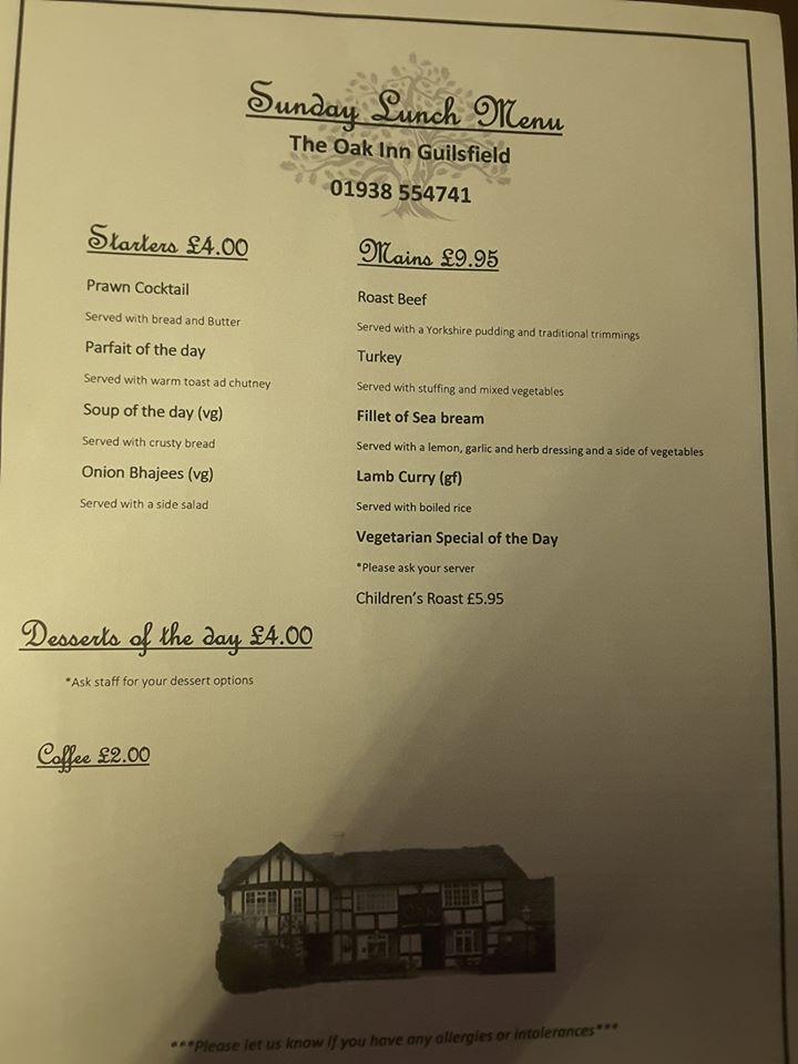 Menu at The Oak Inn pub & bar, Welshpool