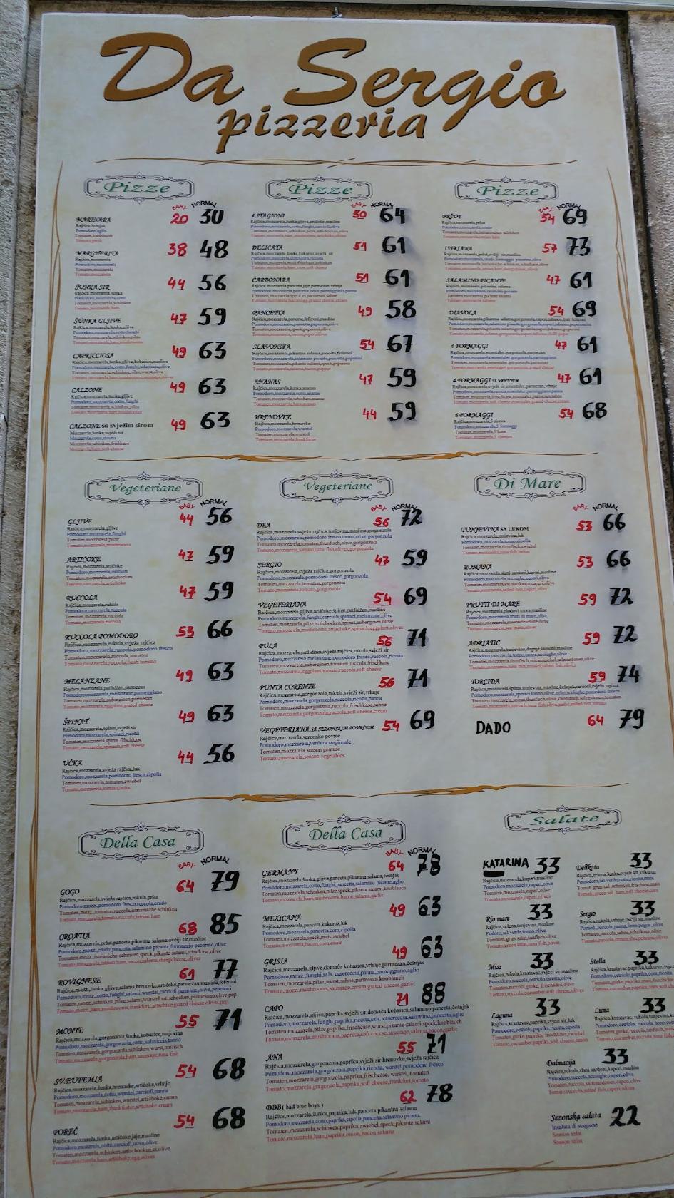 Menu at Pizzeria Da Sergio, Rovinj