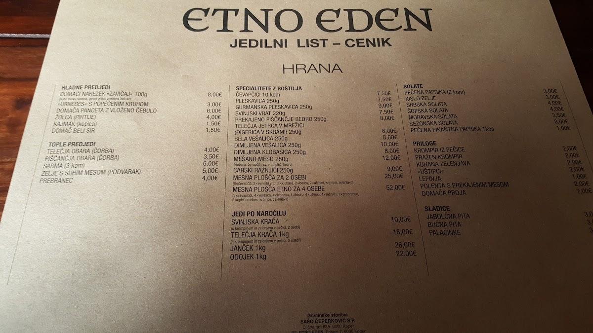 Menu at Restaurant Etno Eden, Koper