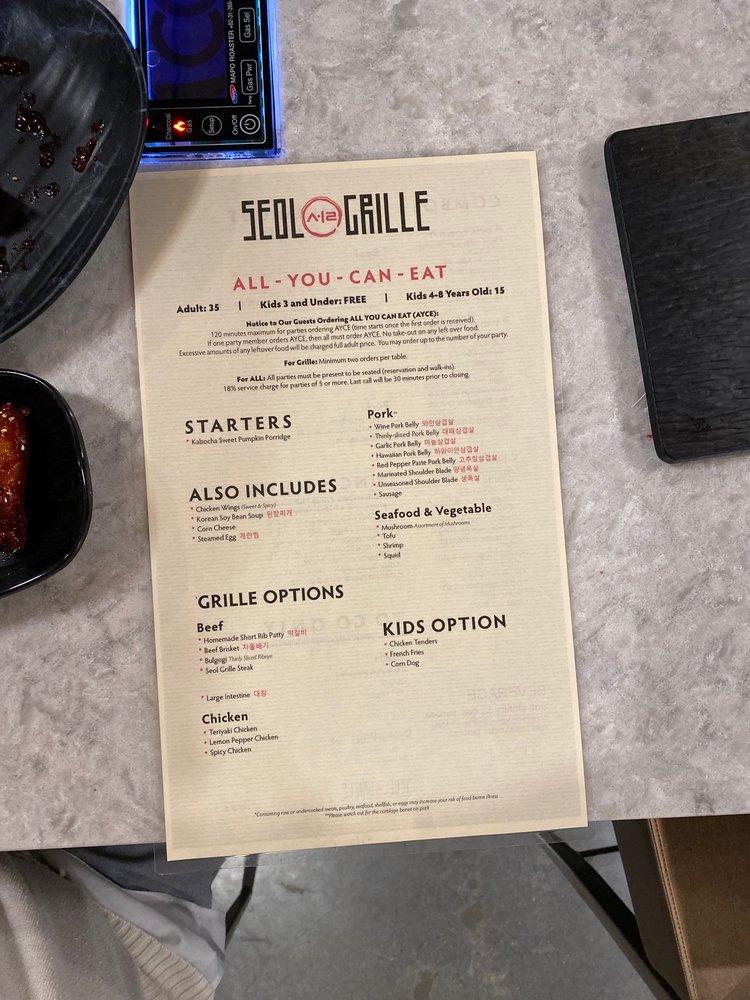 Menu at Seol Grille Korean BBQ restaurant, Cary, NC, Cary