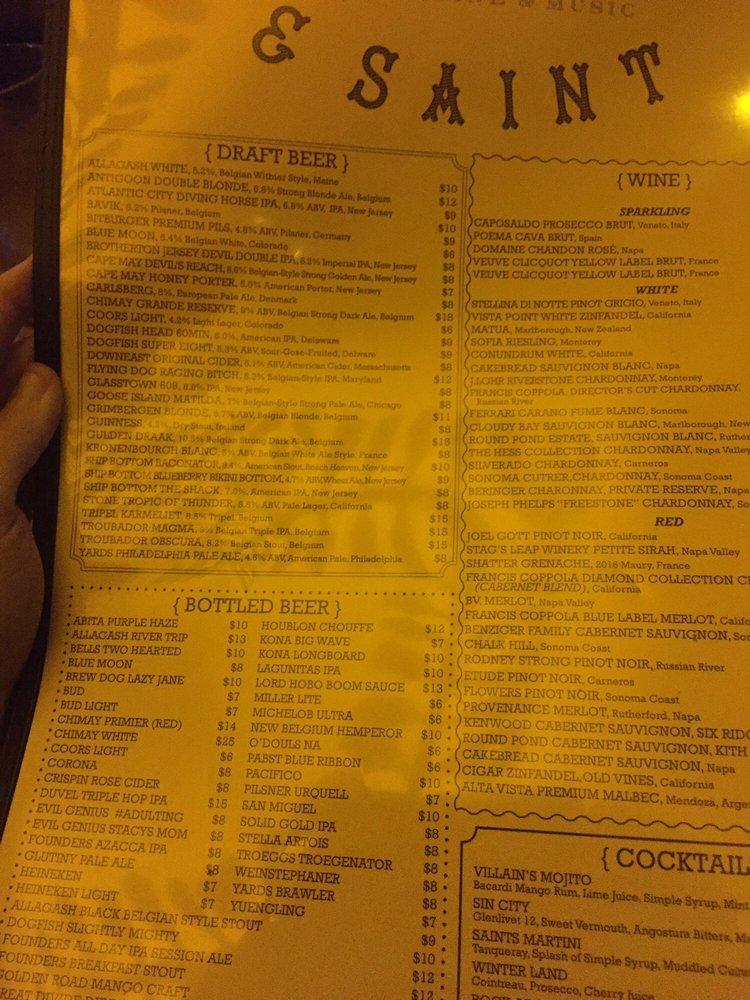 Menu at Villain & Saint restaurant, Atlantic City, 500 Boardwalk