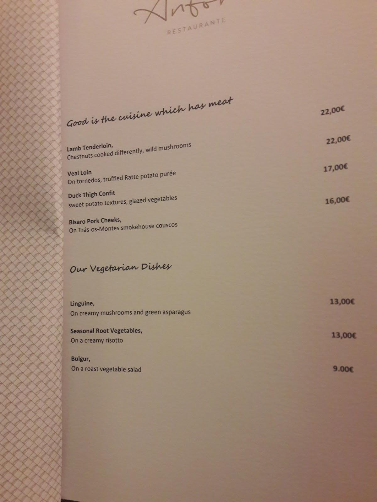 Menu em Ânfora restaurante, Lisboa