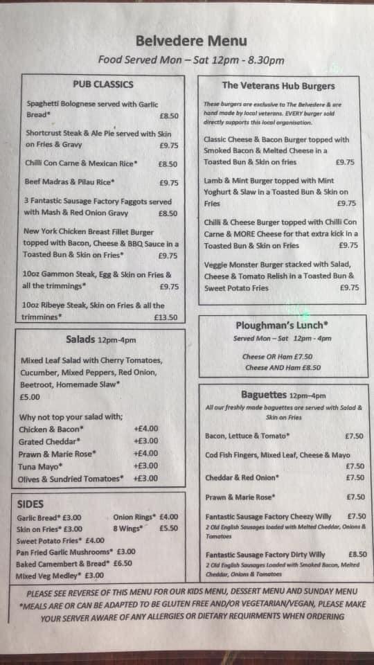 Menu at The Belvedere pub & bar, Weymouth
