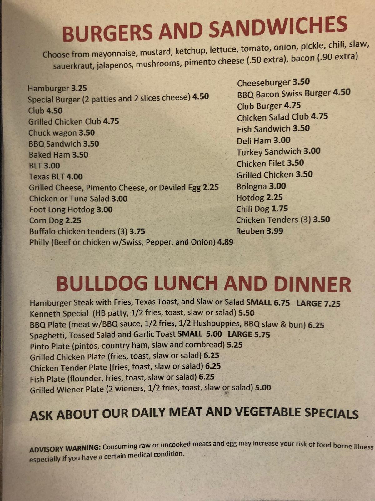 Menu at Bulldog Quik-Snak restaurant, Boiling Springs