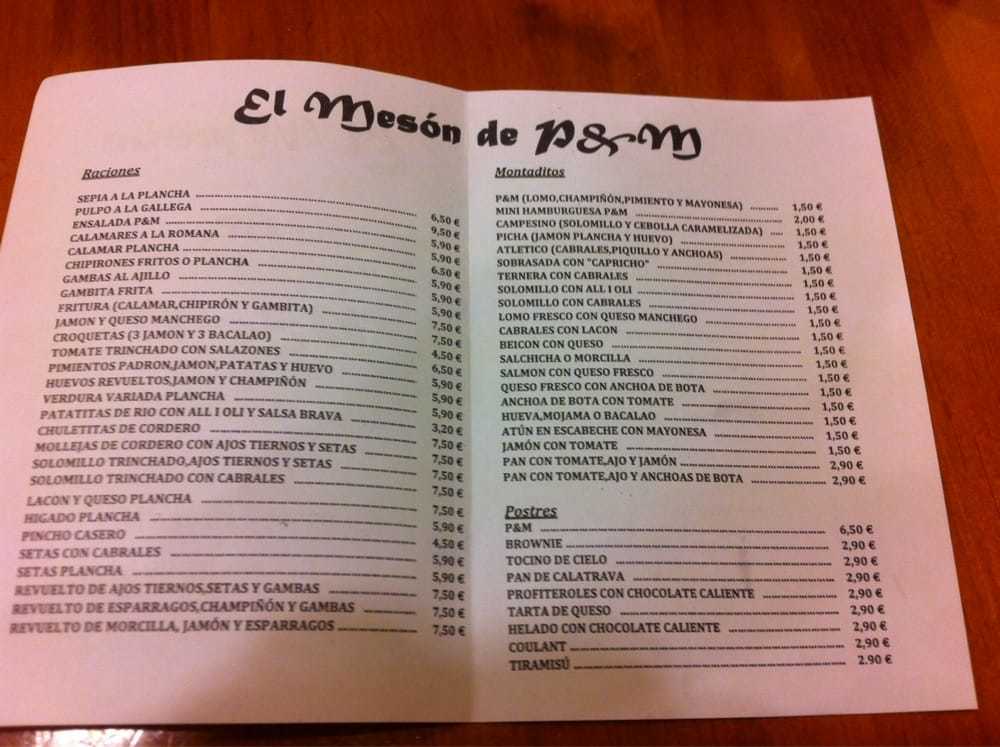 Menu at El Meson de P&M pub & bar, Alicante