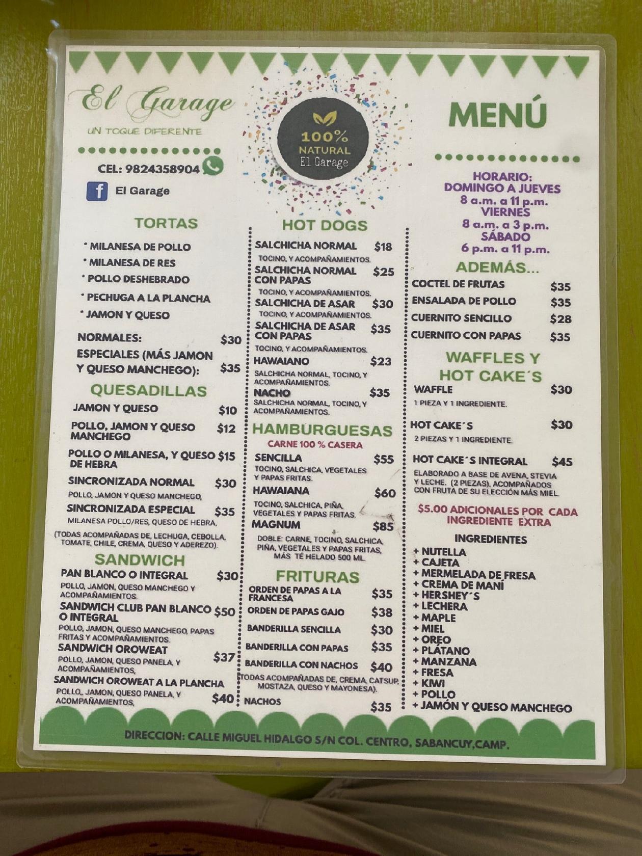 Menu at El garage, Sabancuy