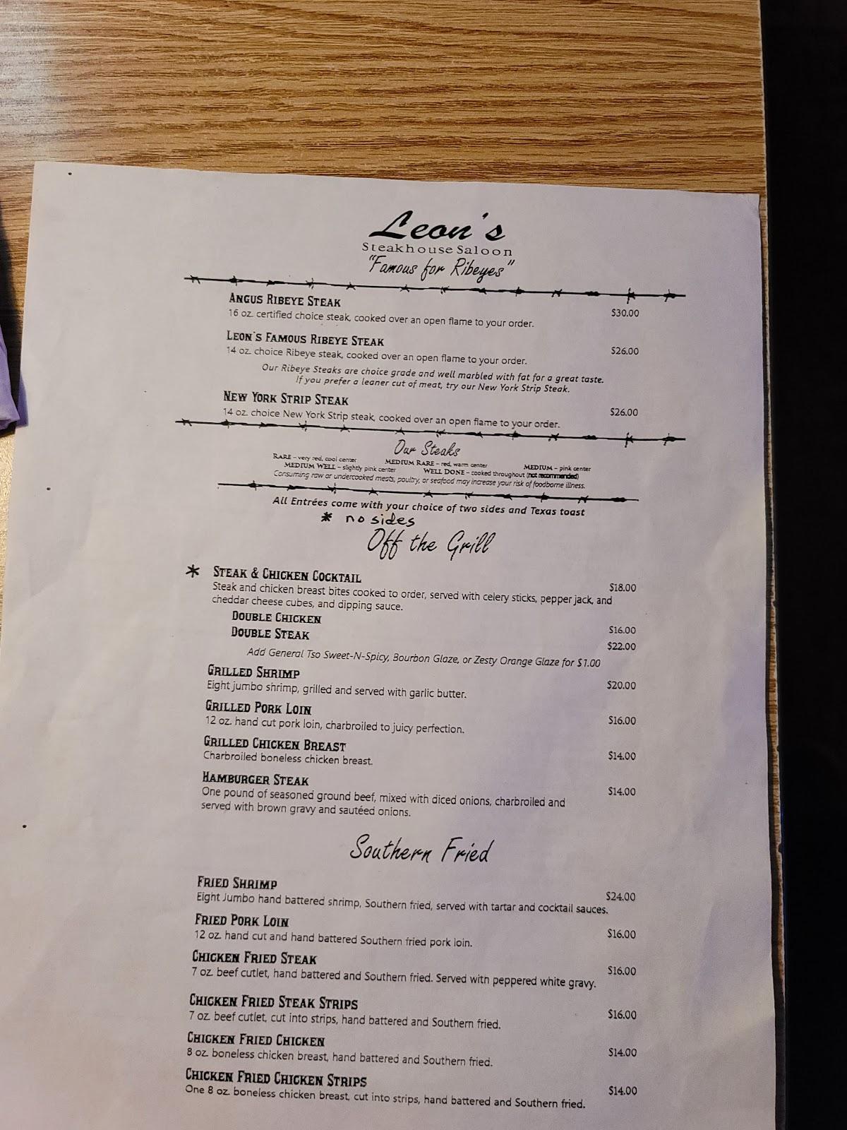 Menu at Leon's Steakhouse Saloon, Longview