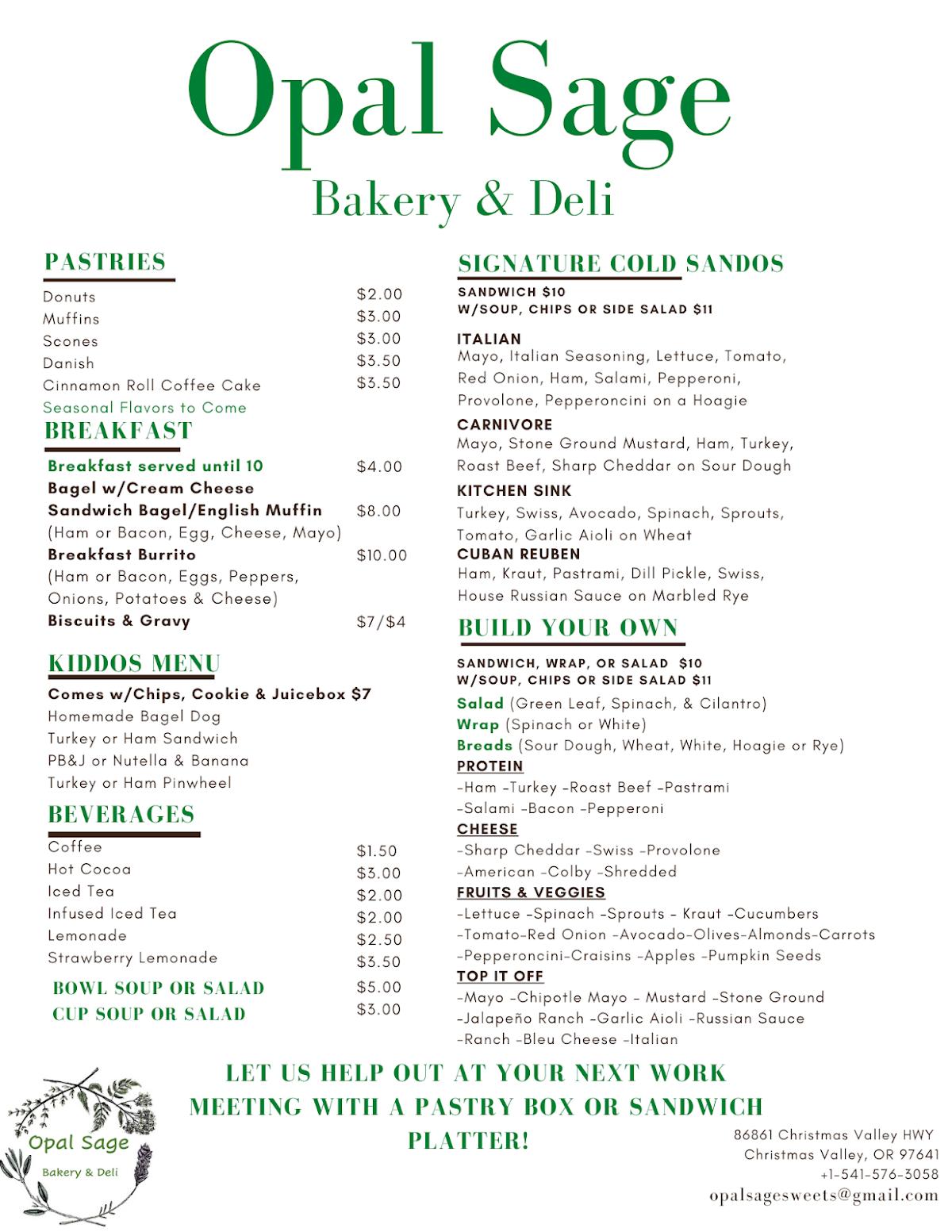 Menu at Opal Sage Bakery & Deli, Christmas Valley