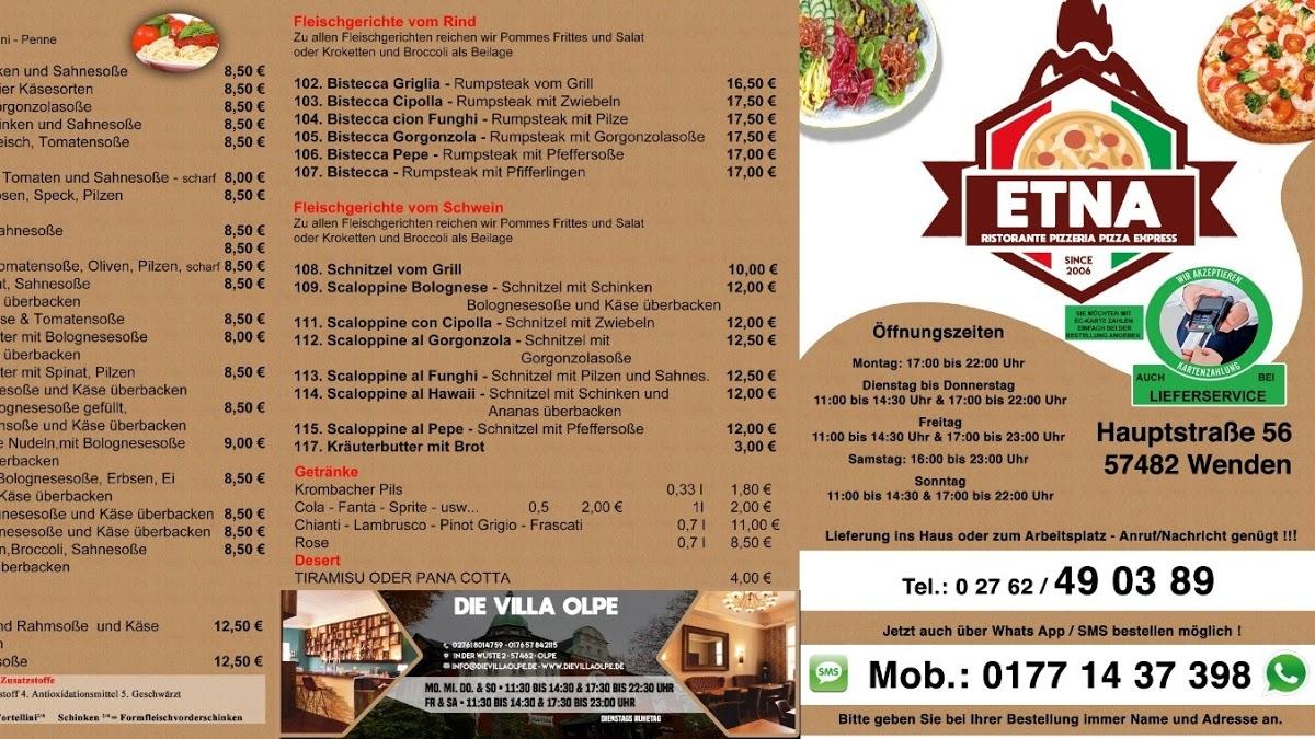 Speisekarte von Pizzeria Etna Wenden, Wenden