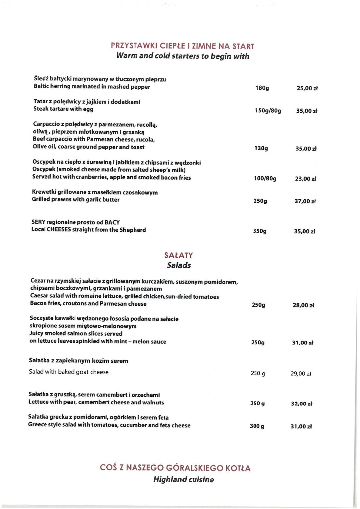 Menu at Restauracja Regionalna "Meta" restaurant, Szczyrk