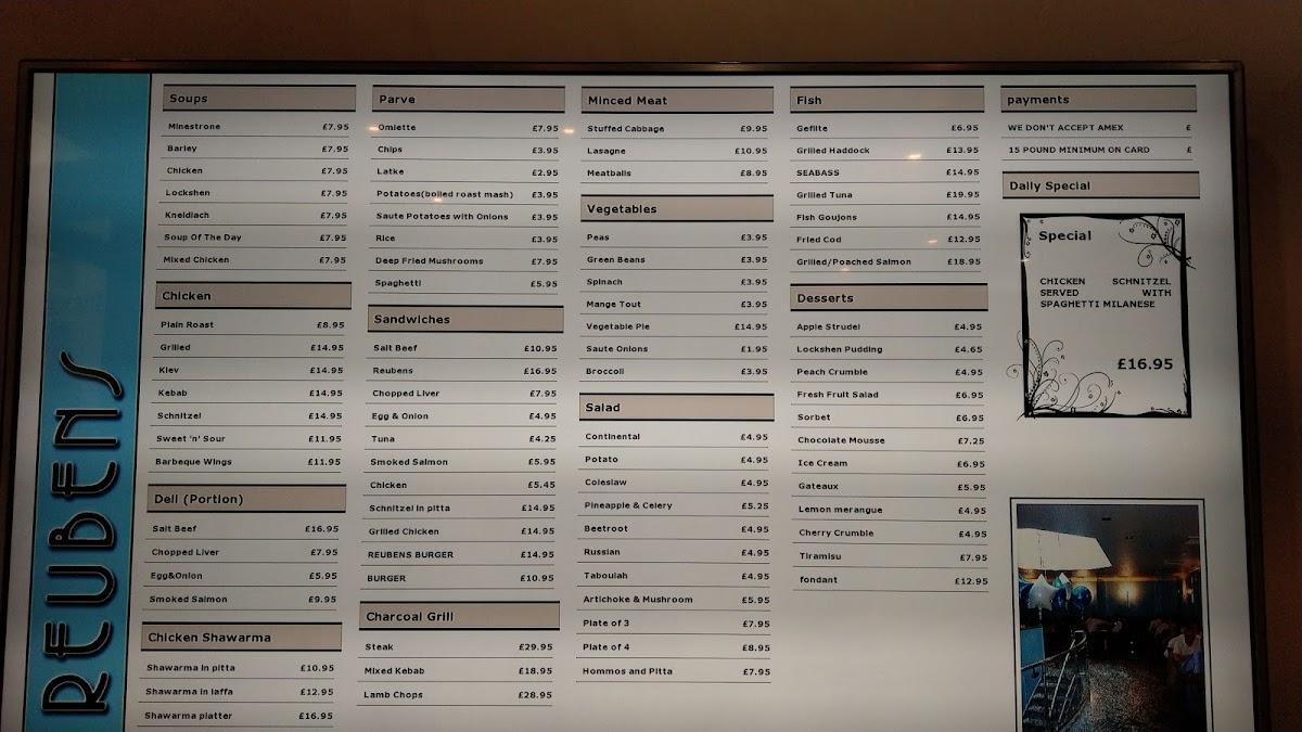 Menu at Reubens Restaurant, London
