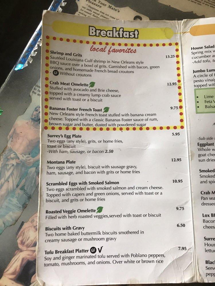 Menu at Surrey's Café & Juice Bar, New Orleans
