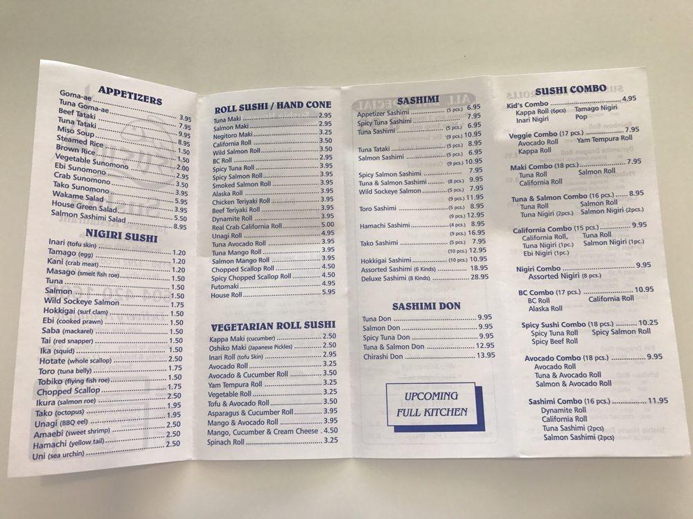 Menu at Sushia sushi restaurant, Burnaby