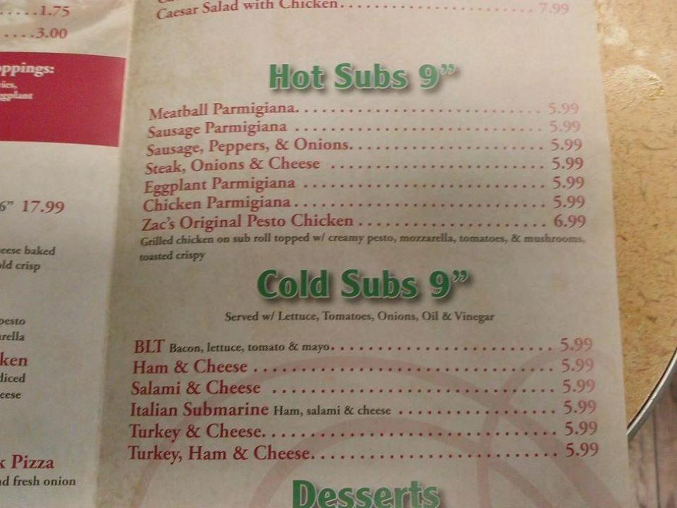 Menu at Zac's Pizza Restaurant, Asbury Lake, Henley Rd