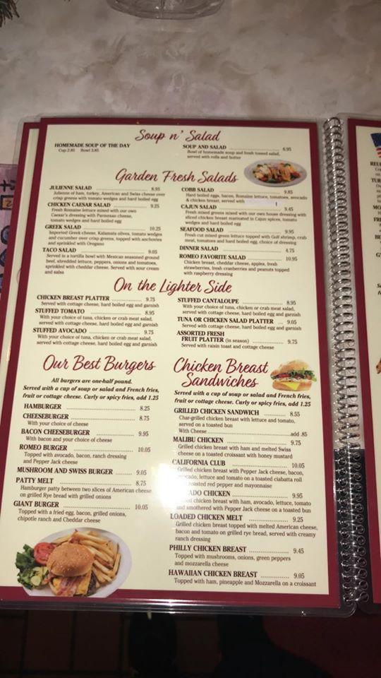 Menu at Cafe Romeo, Romeoville