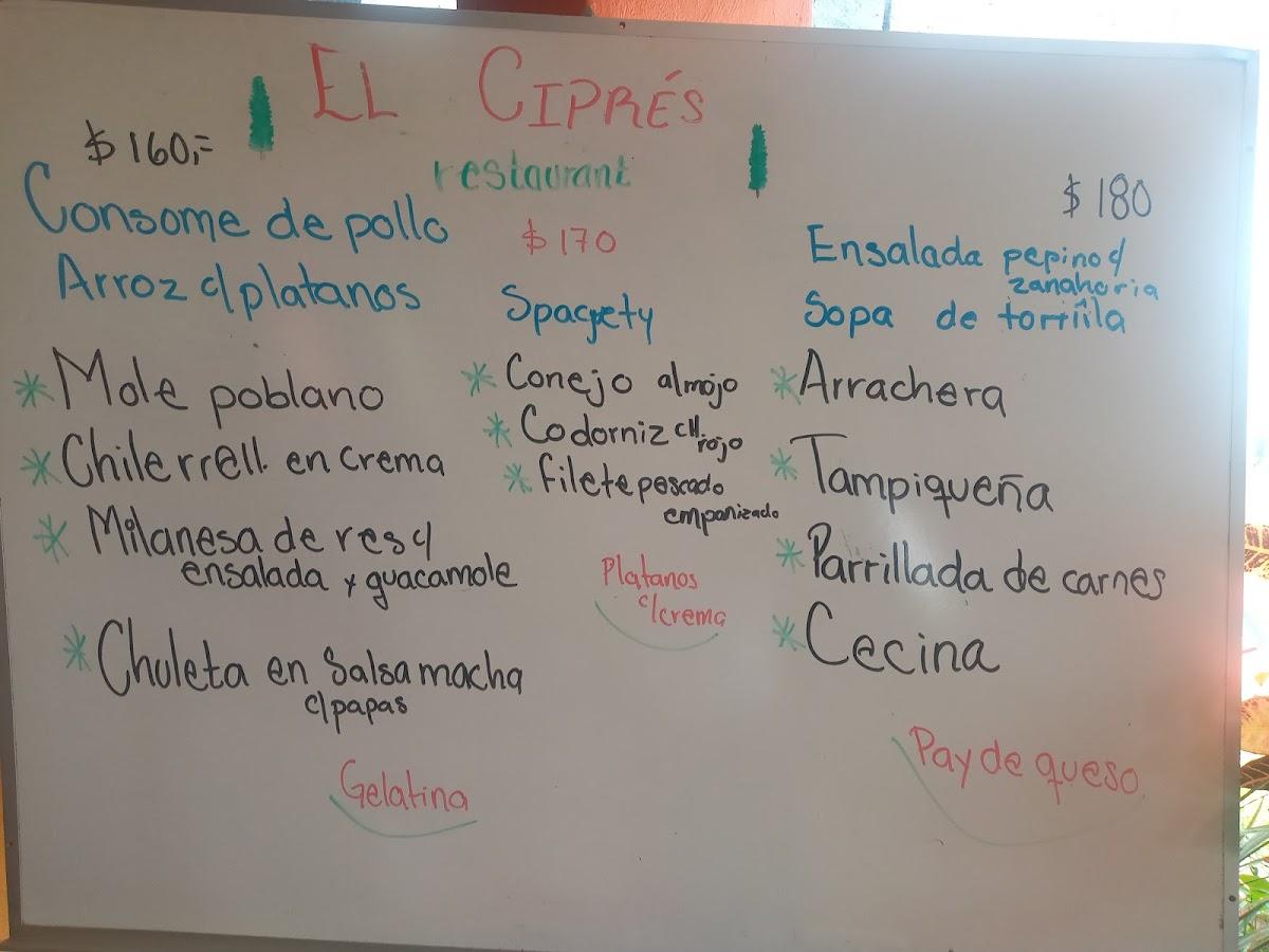 Menu at El Ciprés restaurant, Mexico